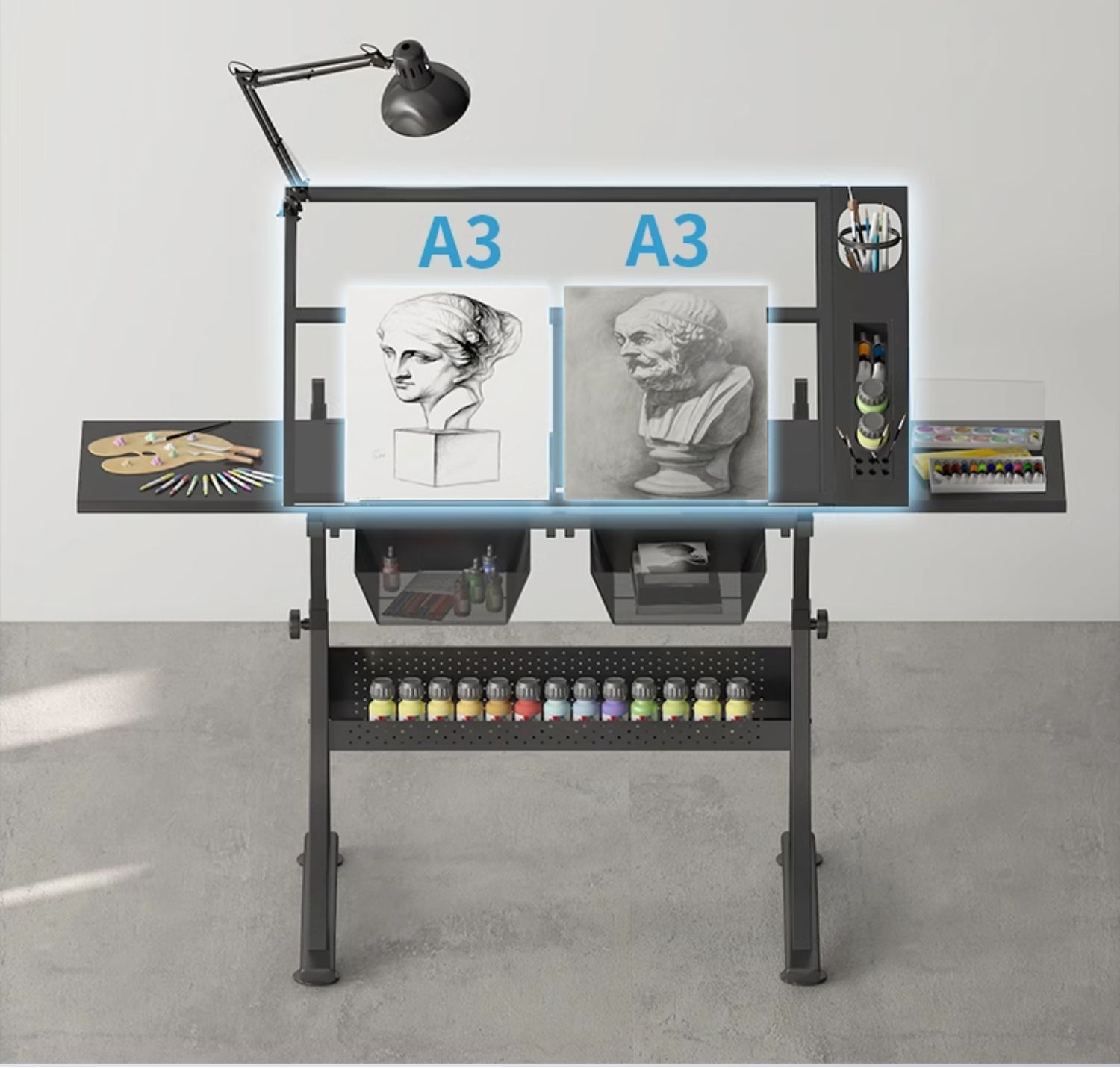 Leather bench and additional side table drawers, drafting glass table ...