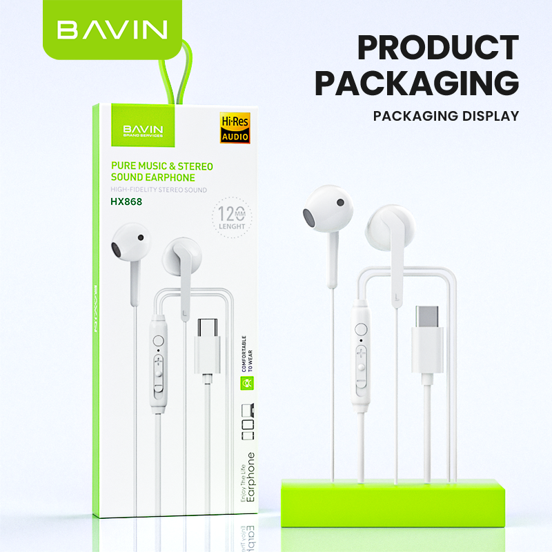 BAVIN HX868 Type-C Wired Earphone Stereo Audio Sound With Built In Microphone & Volume ...