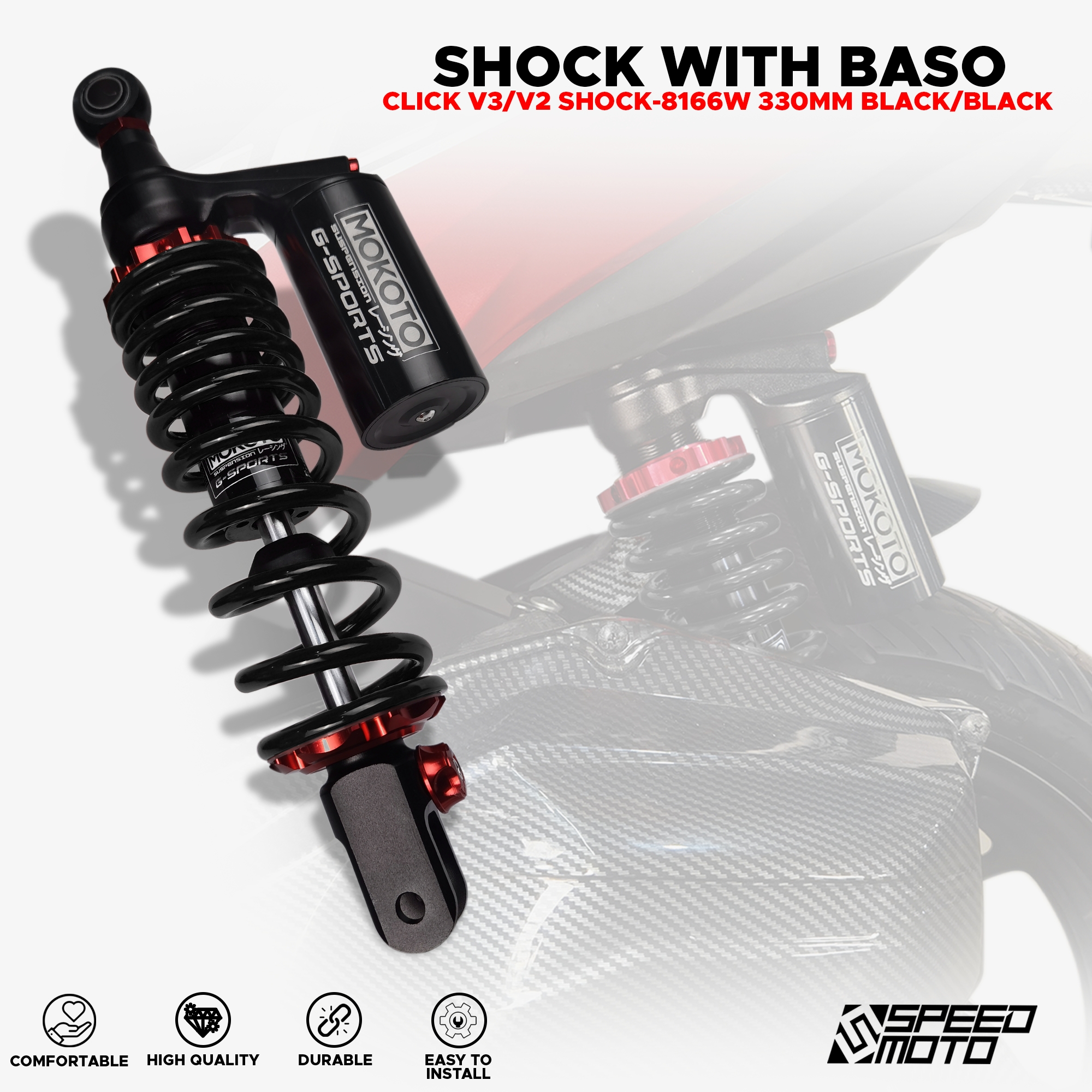 MOKOTO HONDA CLICK V1 V2 V3 REAR SHOCK GAS ABSORBER W/ BASO 330MM GOLD ...