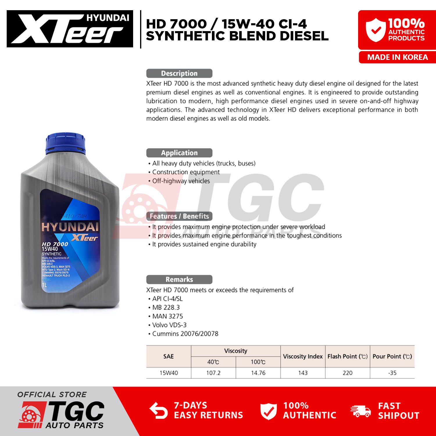 Xteer HD 7000 15W40 Hyundai Engine Oil Synthetic Diesel HD-7000 15W-40 ...