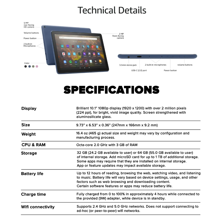 Amazon Fire HD10/HD 10 Tablet 64GB 11th Gen (2021latest model) 10.1”HD ...