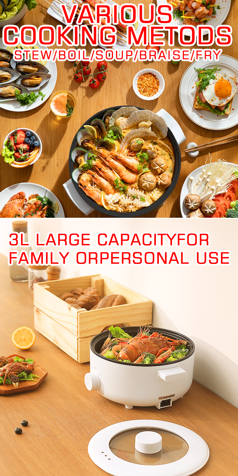 Electric Multi Cooker Pot Non-Stick Round Skillet Home 3L Fast Heating ...