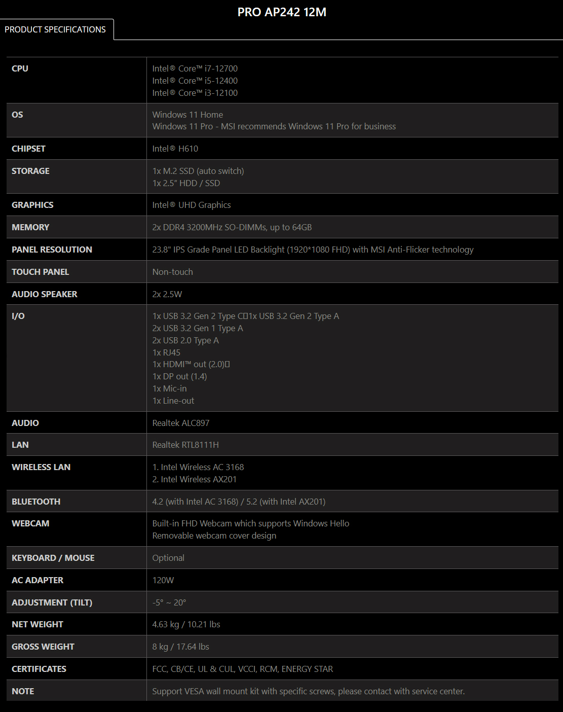 MSI PRO AP242 12M All-in-One Desktop PC - Intel Core i5-12400 / 8GB DDR4 / HDD + SSD / Black ...