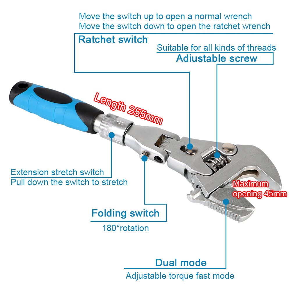10 Inch 5 In 1 Ratchet Adjustable Wrench 180 Degree Adjustable Folding ...