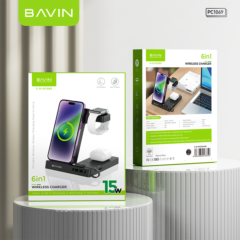 BAVIN PC1069 Portable Multi-functional 6 in 1 Wireless Docking Charger ...