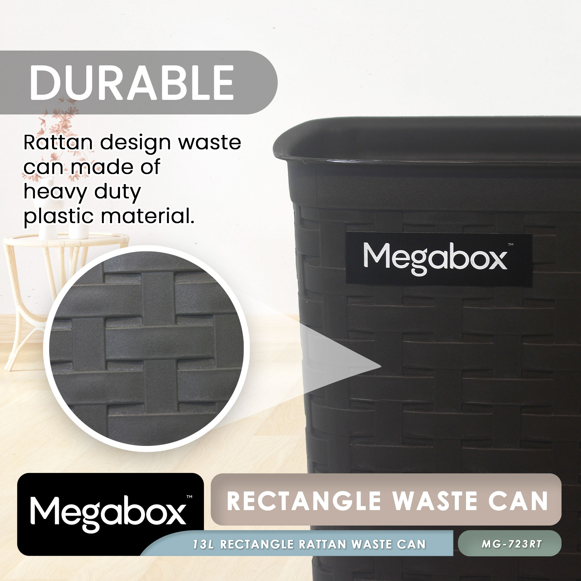 Megabox Boho Rattan Rectangle Waste Can MG-723 (Beige & Dark Brown ...