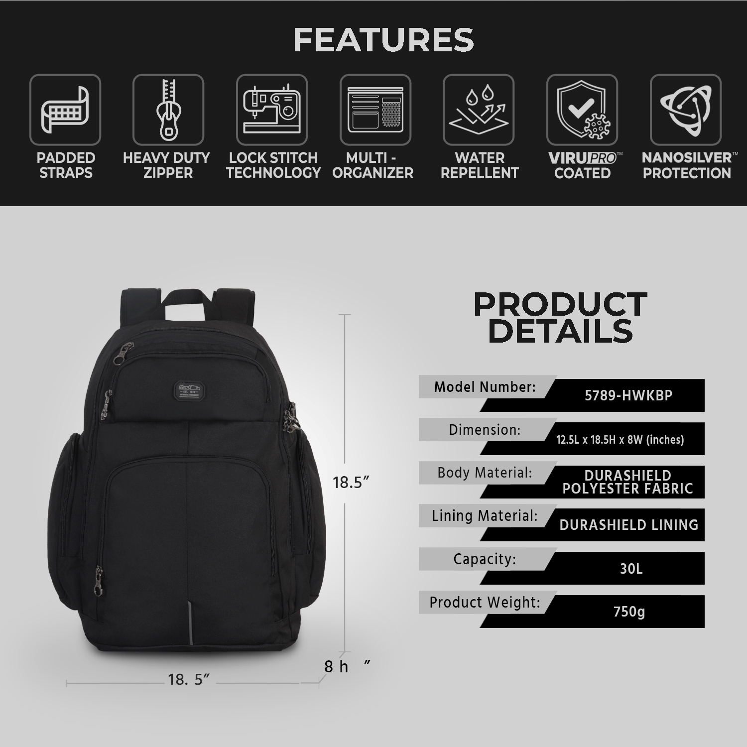Hawk 5789 Corporate Backpack with VIRUPRO Anti-Microbial Protection ...
