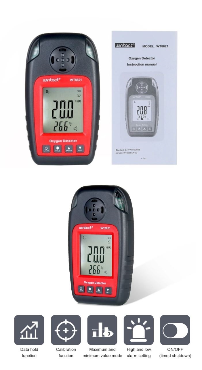 Wintact WT8821 Oxygen Gas Detector with Monochromatic LCD Display and Built-In Alarm Lights ...