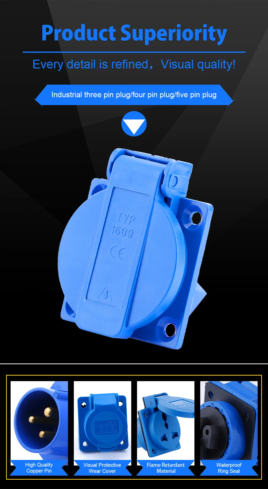 IP44 Industrial Plug Socket Waterproof Connector 4PIN 16A/32A ...
