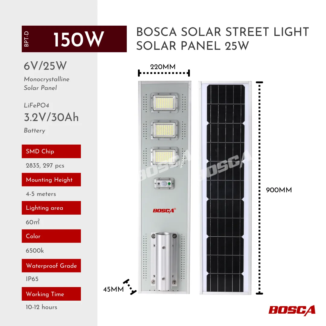 BOSCA Solar Street Light 150W Aluminum Alloy Integrated Super Bright ...