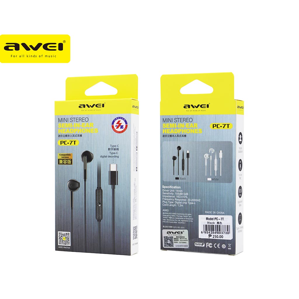 Awei PC-7T Type-C Plug In-Ear Headset Wired Earphone Mini Stereo ...