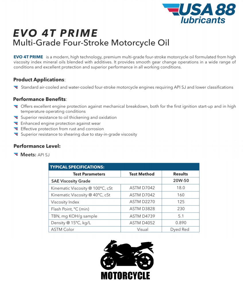 USA88 EVO 4T Prime 20W-50 API SJ Motorcycle Oil (1Quart) | Shopee ...