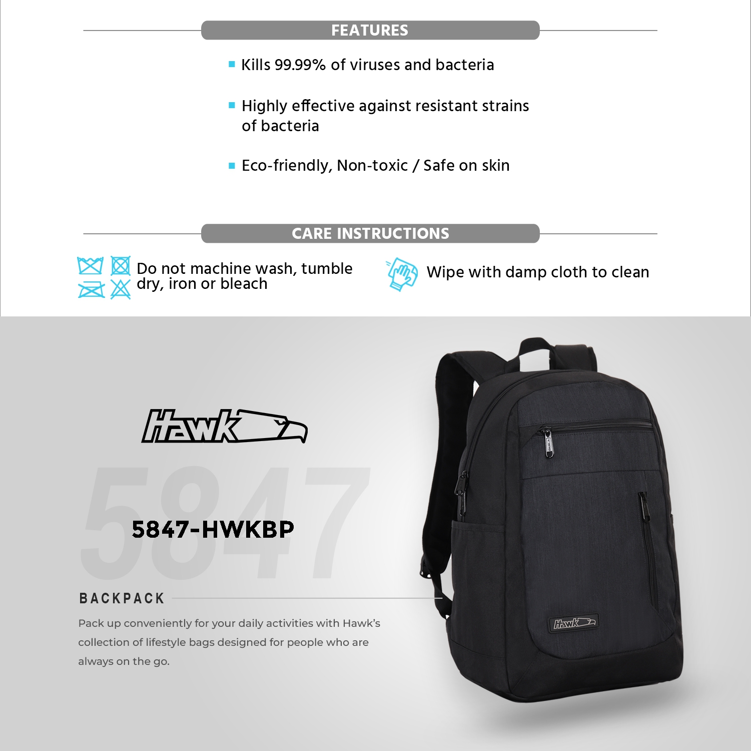 Hawk 5847 Lifestyle Backpack with VIRUPRO Anti-Microbial Protection ...