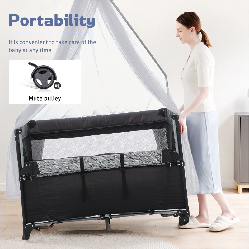 Baby Crib With Mosquito Net Multifunctional Mobile Liftable 2 Layer ...