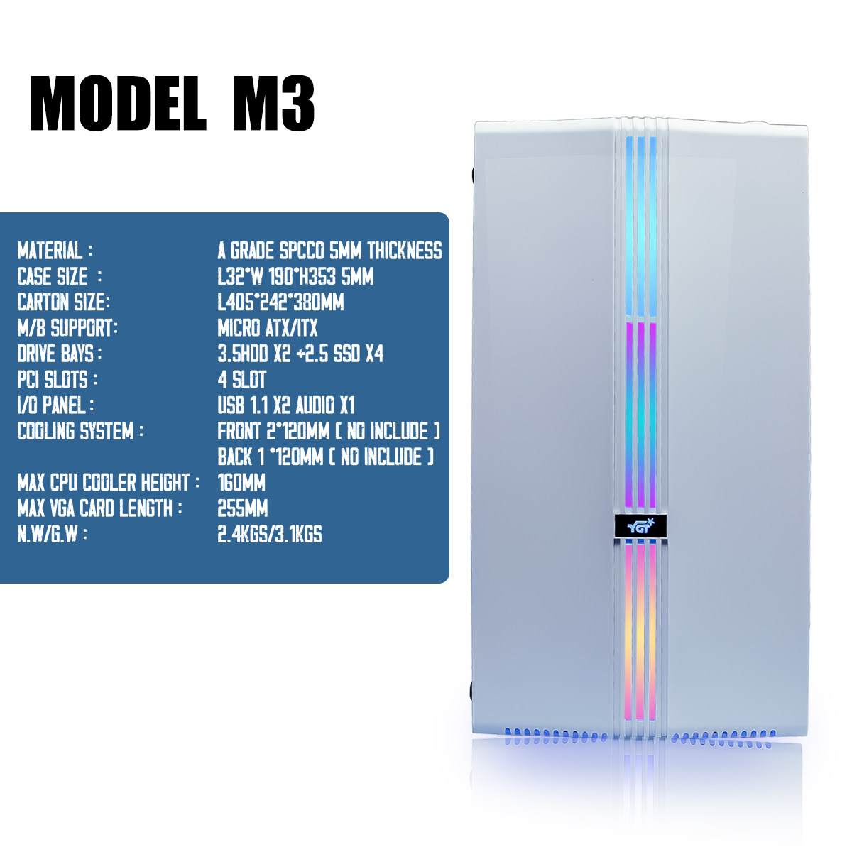 YGT M3 RGB Tempered Glass White/Black Desktop Case M-ATX/MiniATX RGB ...