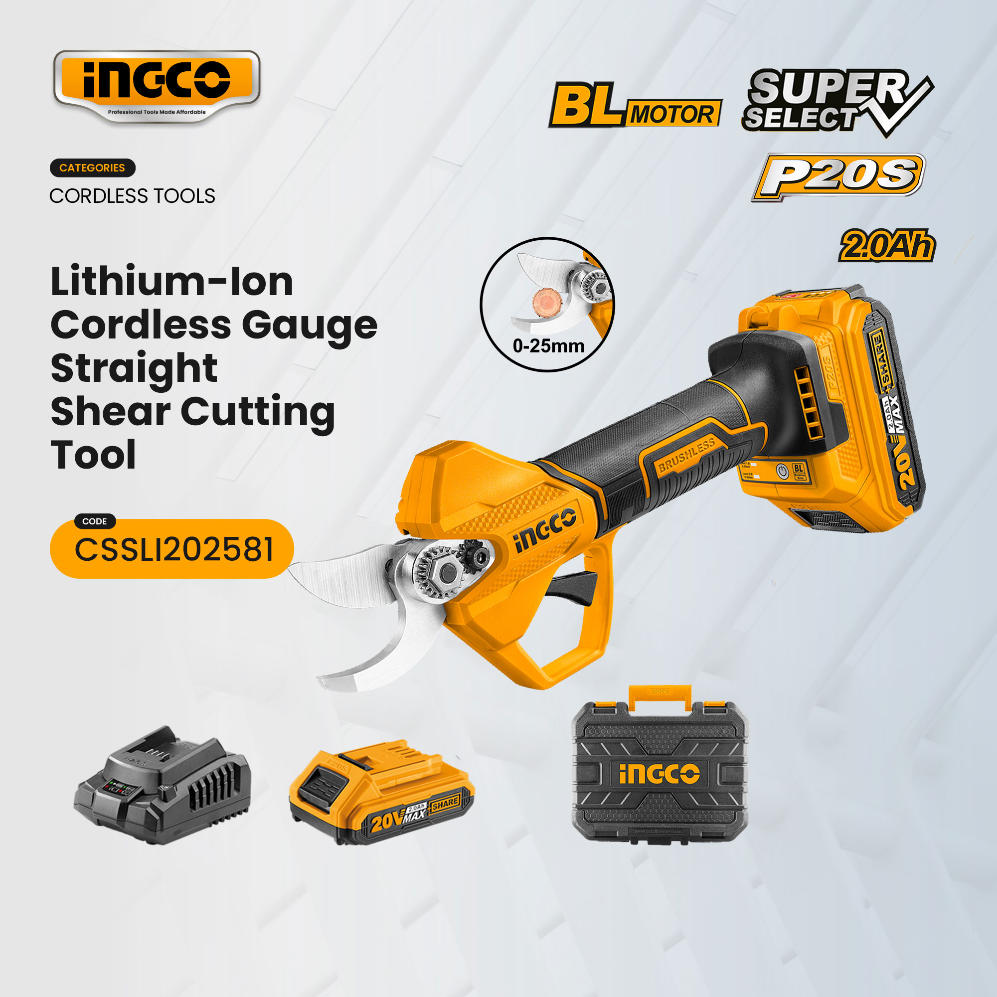 Ingco 20V Lithium-Ion Brushless Motor Gauge Straight Pruning Pruner ...