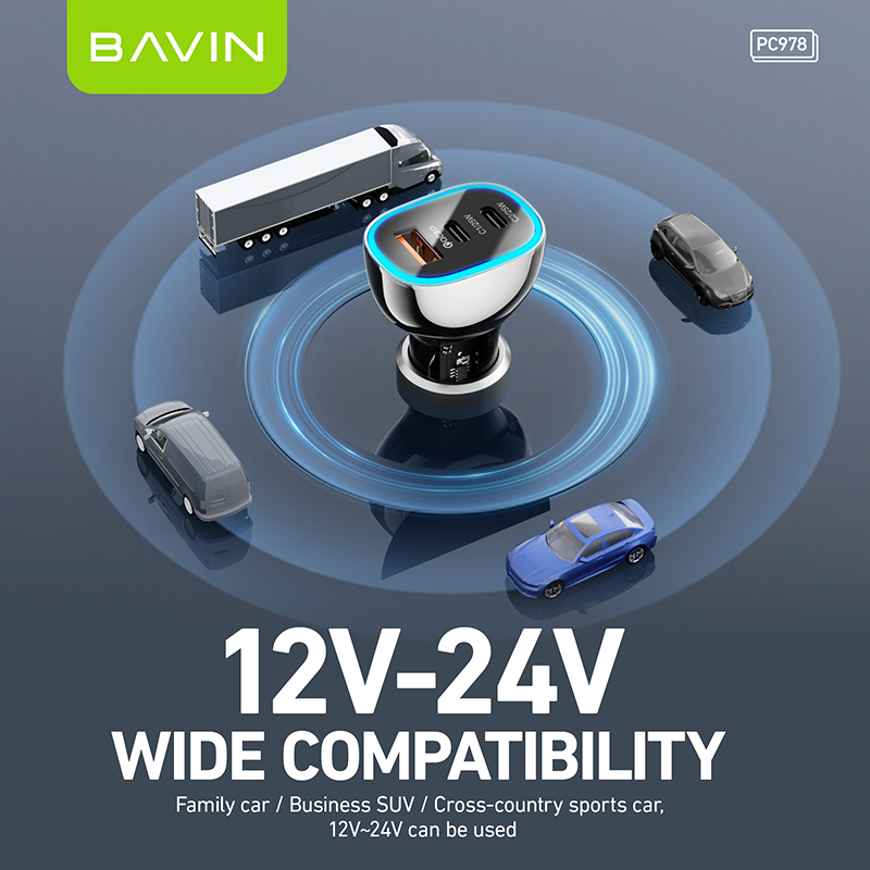 BAVIN PC978 68W PD Fast Charging USB-C Car Charger w/ 2x Type-C Port 25W / 1x USB Port 18W QC 3. ...