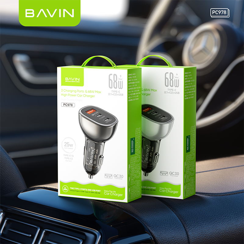 BAVIN PC978 68W PD Fast Charging USB-C Car Charger w/ 2x Type-C Port 25W / 1x USB Port 18W QC 3. ...