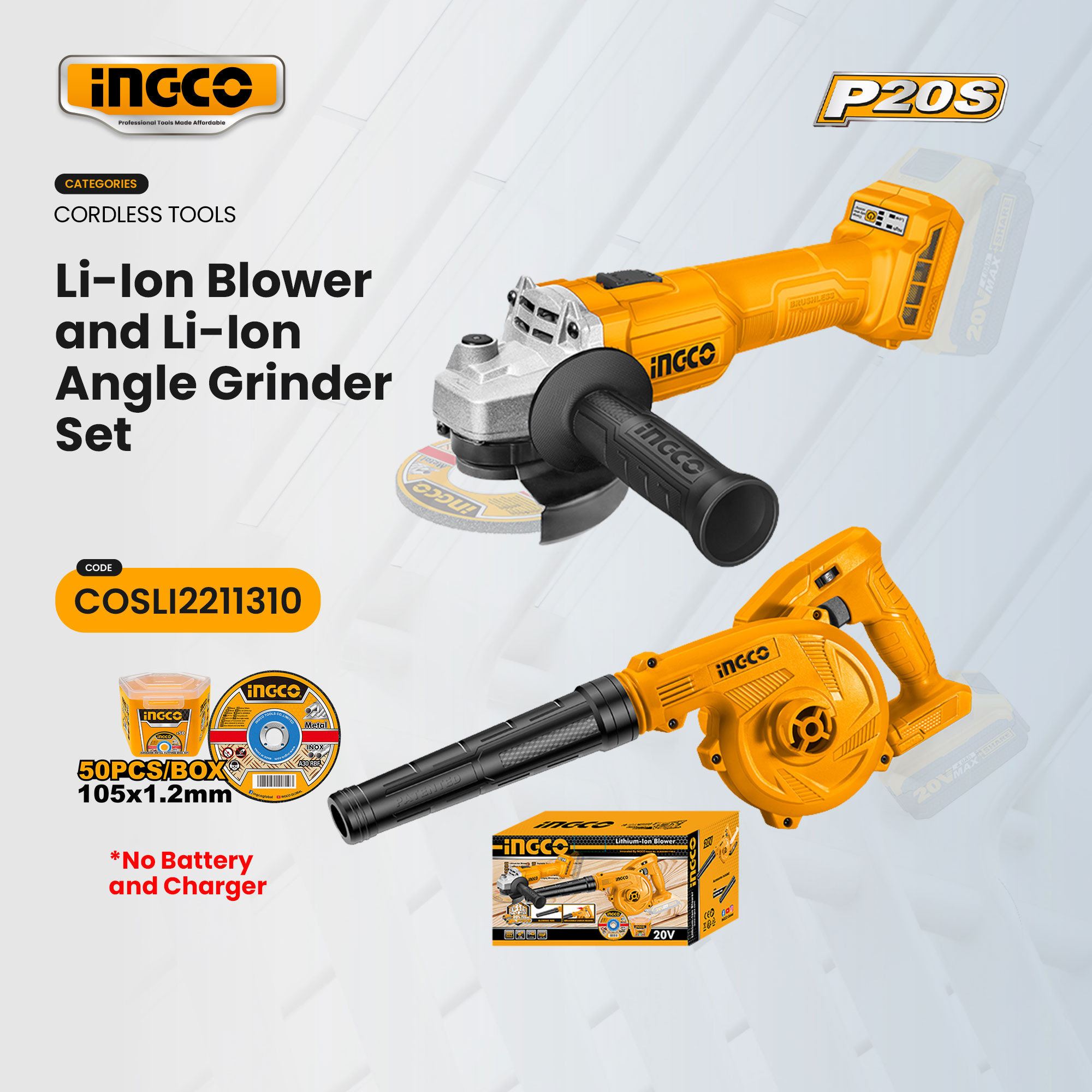 Ingco 2PCS Combo Kit Set Li-Ion Cordless Angle Grinder & Aspirator ...