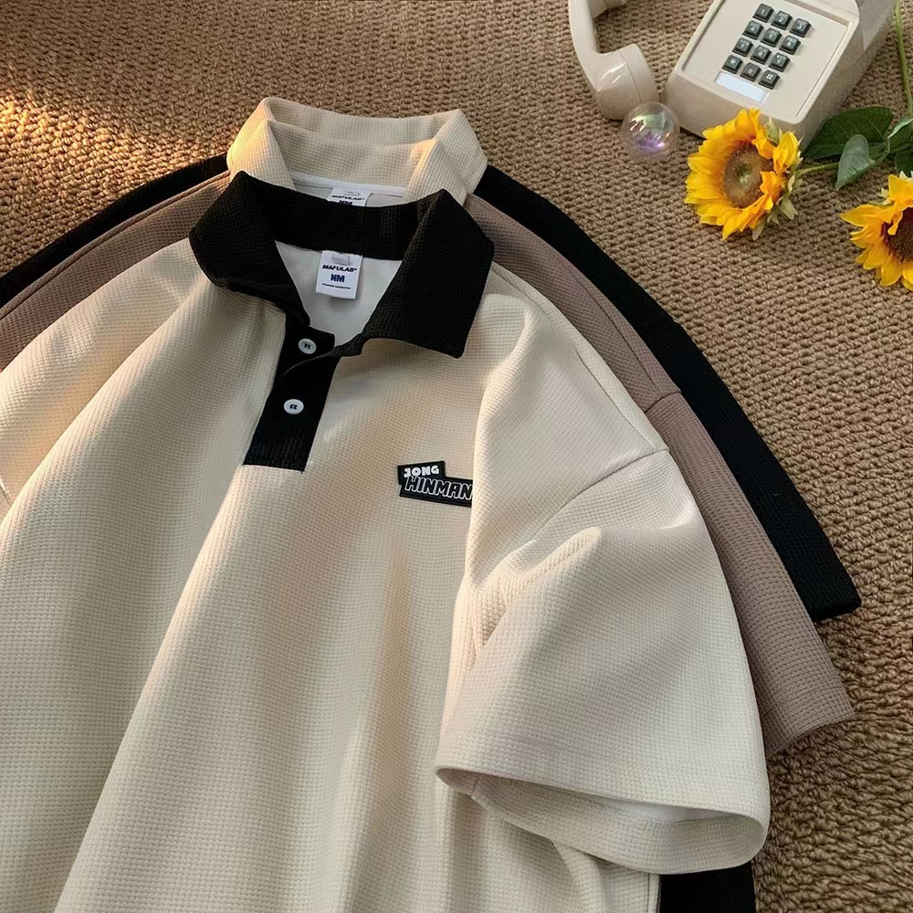 YIYI Waffle polo shirt for men casual loose summer polo collar ...