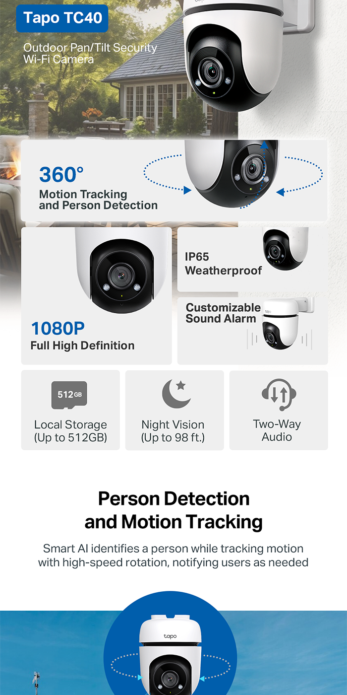 TP-Link Tapo TC40 1080P 2MP 360° Pan/Tilt Home Security IP65 Outdoor Wi ...