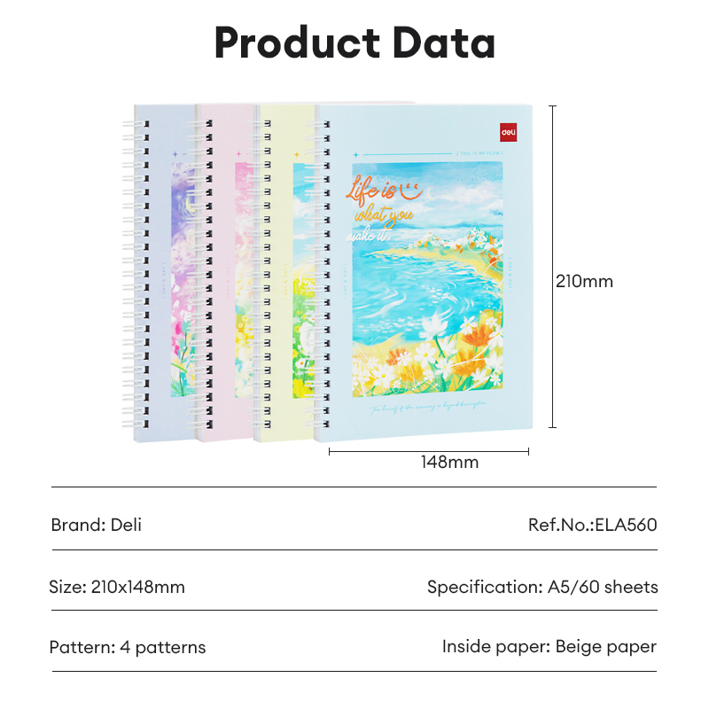 Deli A5 Spiral Notebooks 60Sheets Student Writing Book School Supplies ...