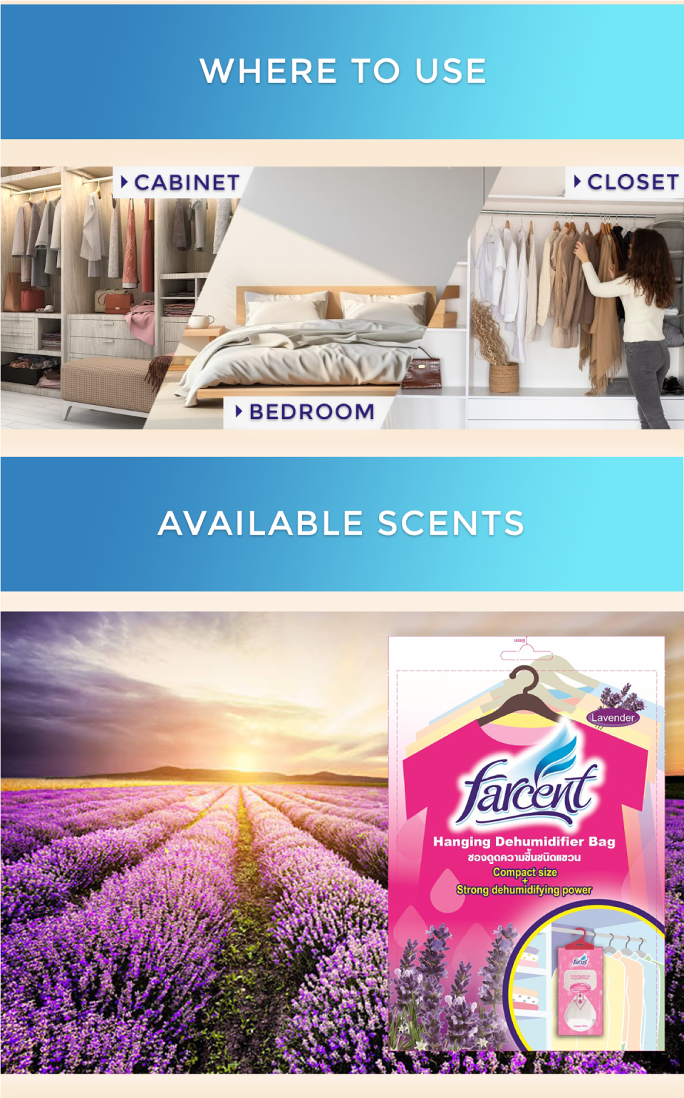 Farcent Hanging Dehumidifier Bag - Lavender Set of 3 (245ml each ...