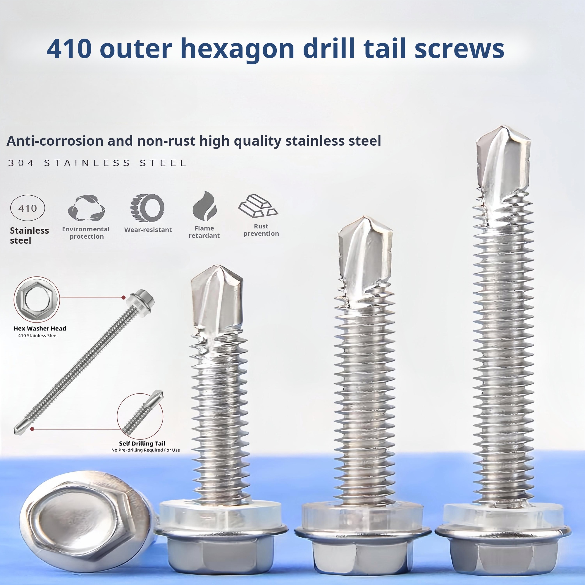 100Pcs 410 Stainless Steel Self-Drilling TEK Screws, #12 Hex Head Self ...