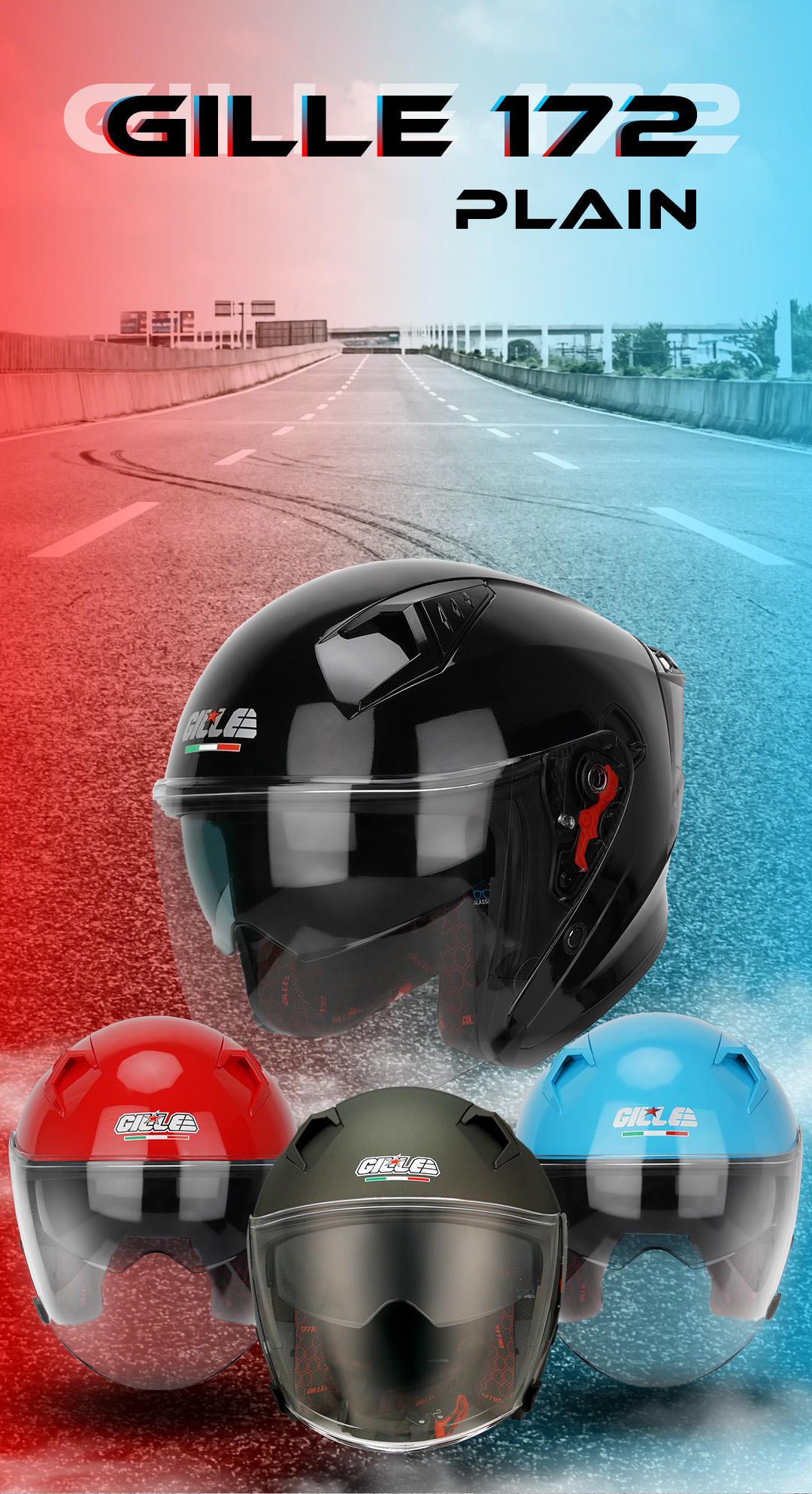 Gille Helmet 172 GVR-V1 PLAIN Motorcycle Half Face Helmet Dual Visor ...