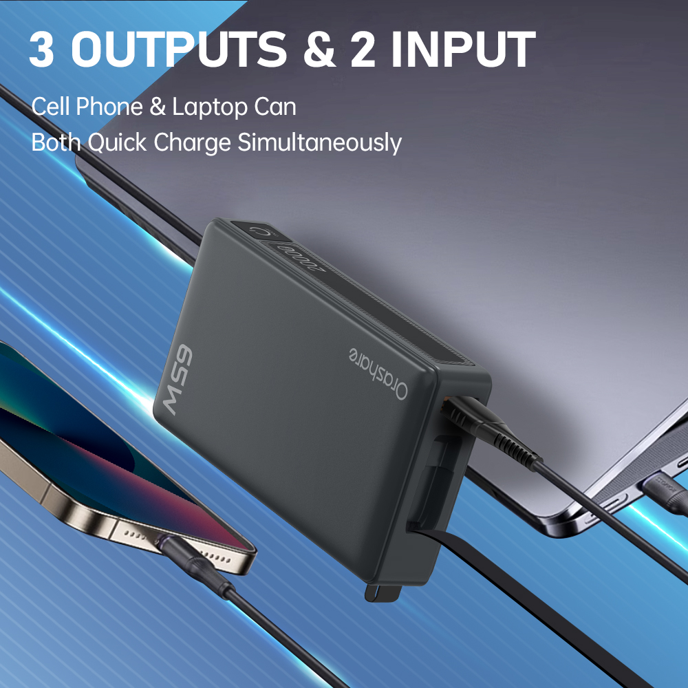 Orashare PLC265 Powerbank 20000mAh PD 65W Built-in Type C Cable Super ...