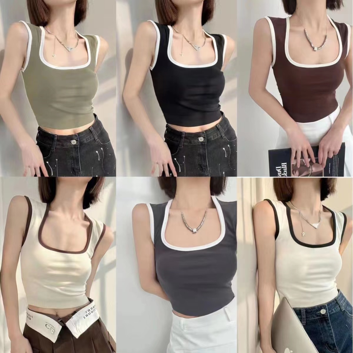 Ladies Cotton Combi Color Square Neck Sexy Crop Top Sando With Padded ...