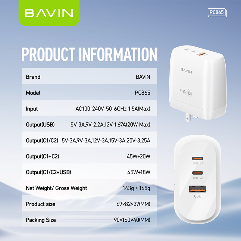 BAVIN PC865 65W GaN PD Fast Charging Adaptor w/ Dual USB-C & USB Port For Laptop/Tablet/Android ...
