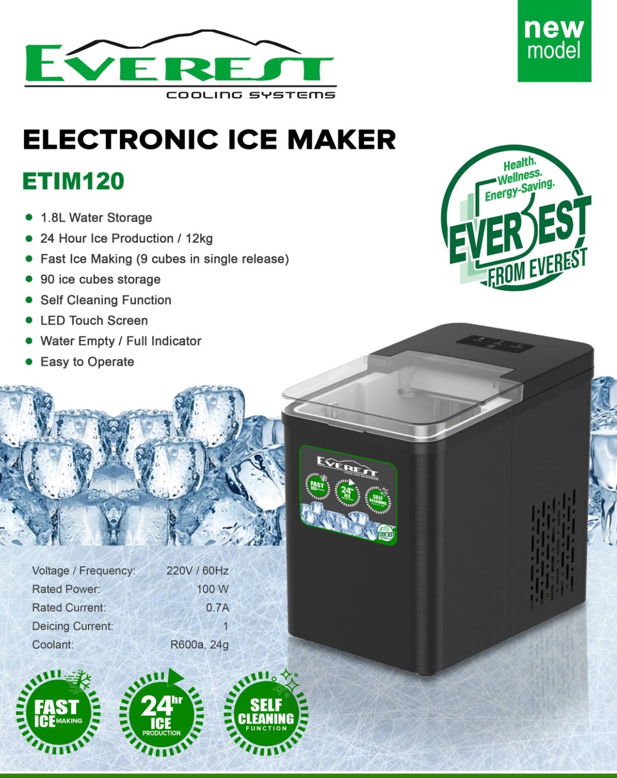 EVEREST 12kg/24 hrs Electronic Ice Maker/ Portable/ Fast Ice Making ...