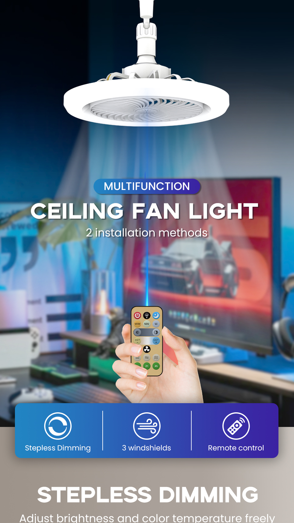 RONG RIVER 3Colors 30W Ceiling Fan with Light 360° Adjust Bulb Light ...