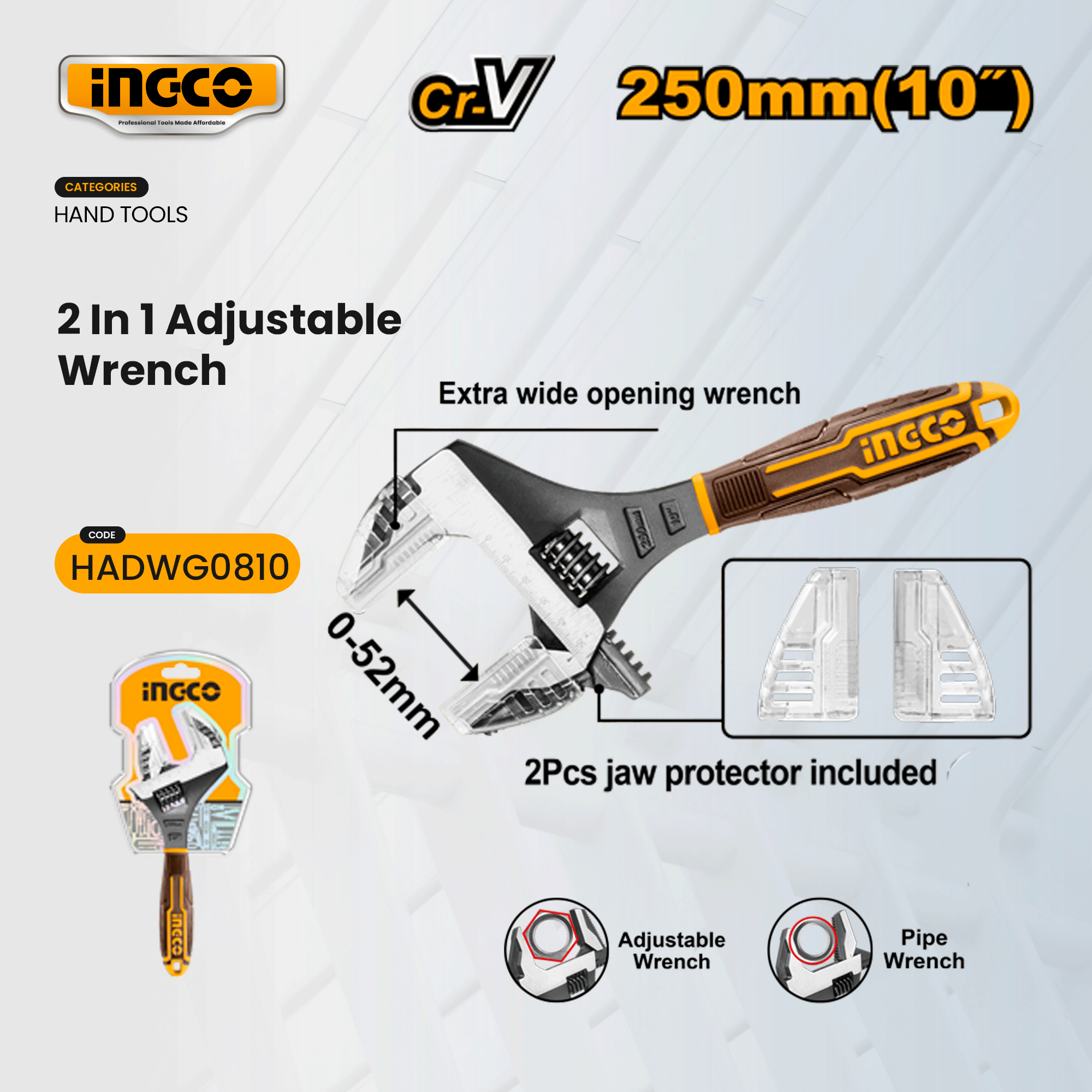 Ingco 2in1 Adjustable Wrench 10" 250mm Changeable head with 2pcs Jaw ...