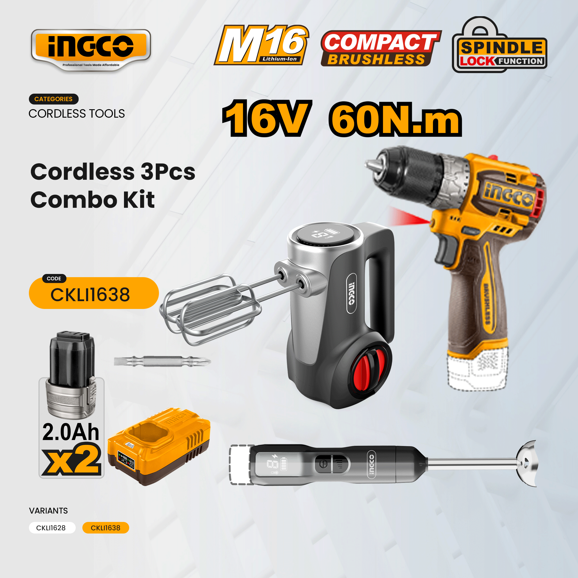 Ingco 2pcs/3pcs Cordless Combo Kit Set Compact Drill, Hand Blender and ...