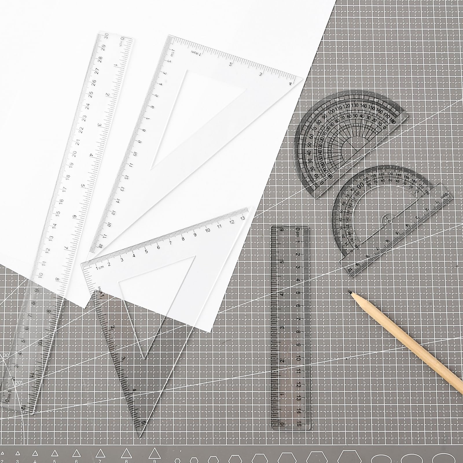 Plastic Transparent Ruler Math Drafting Ruler Set Includes Protractor ...