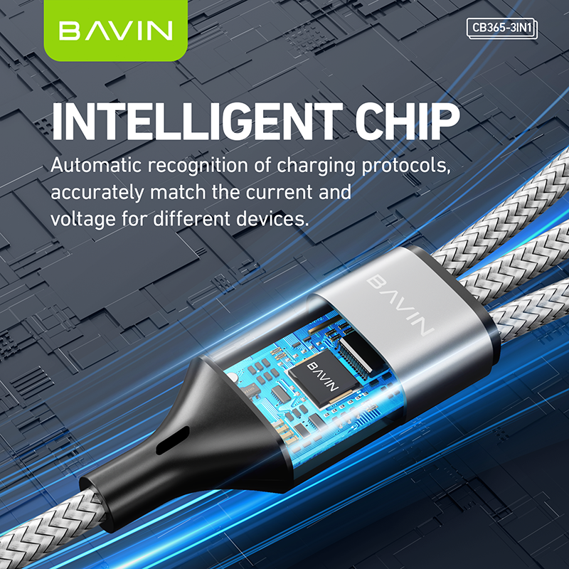 BAVIN CB365 3-in-1 Fast Charging Cable Nylon Braided 3A 480Mbps Data ...