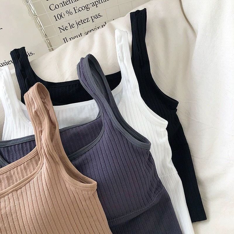 Korean Style Rib Knit With Padded Sando Bra Smocked Back Camisole Crop ...