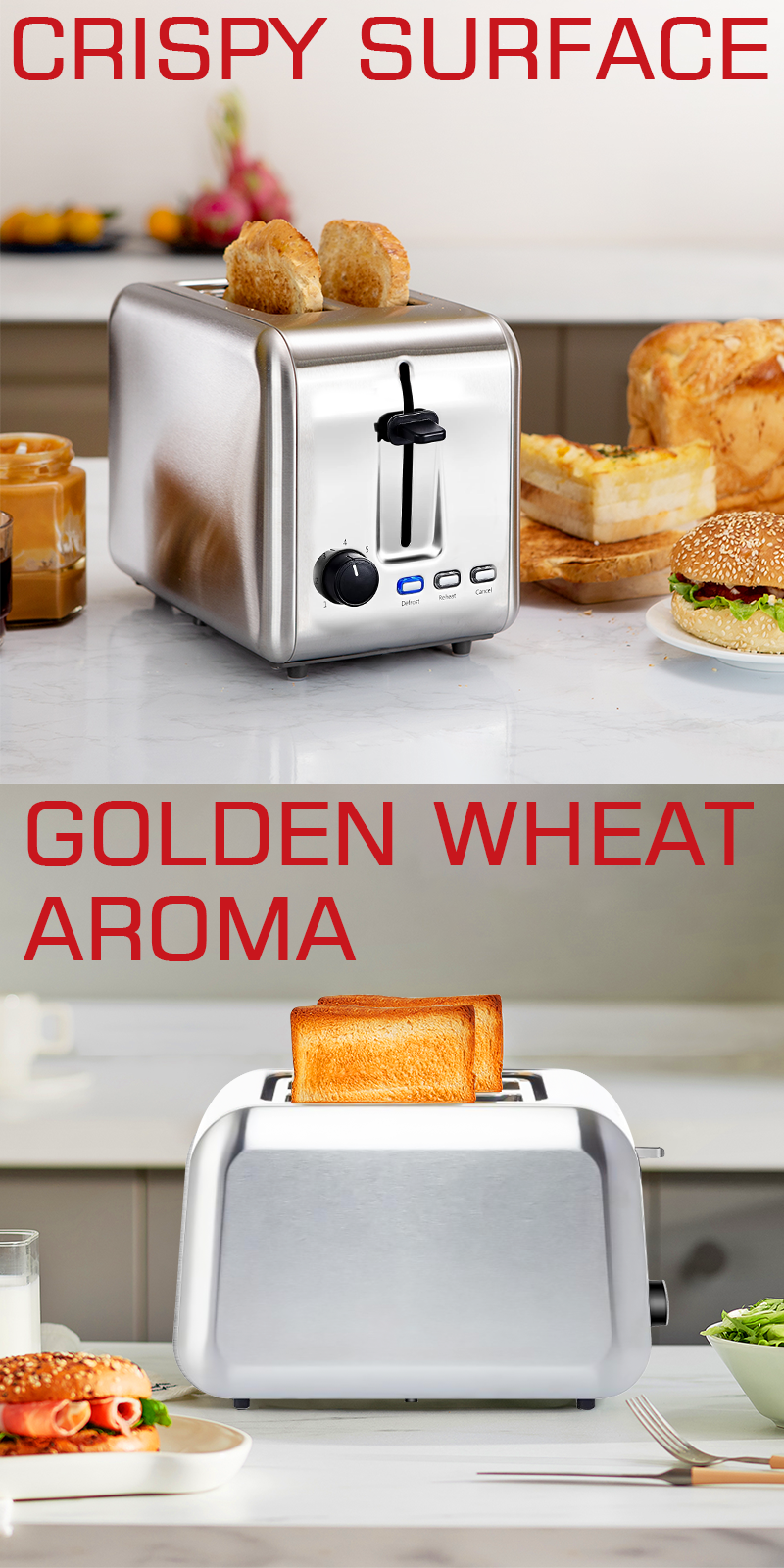 LAHOME 2-Slice Bread Bagel Toaster Automatic High-Lift Leve 7 Gear Warm ...