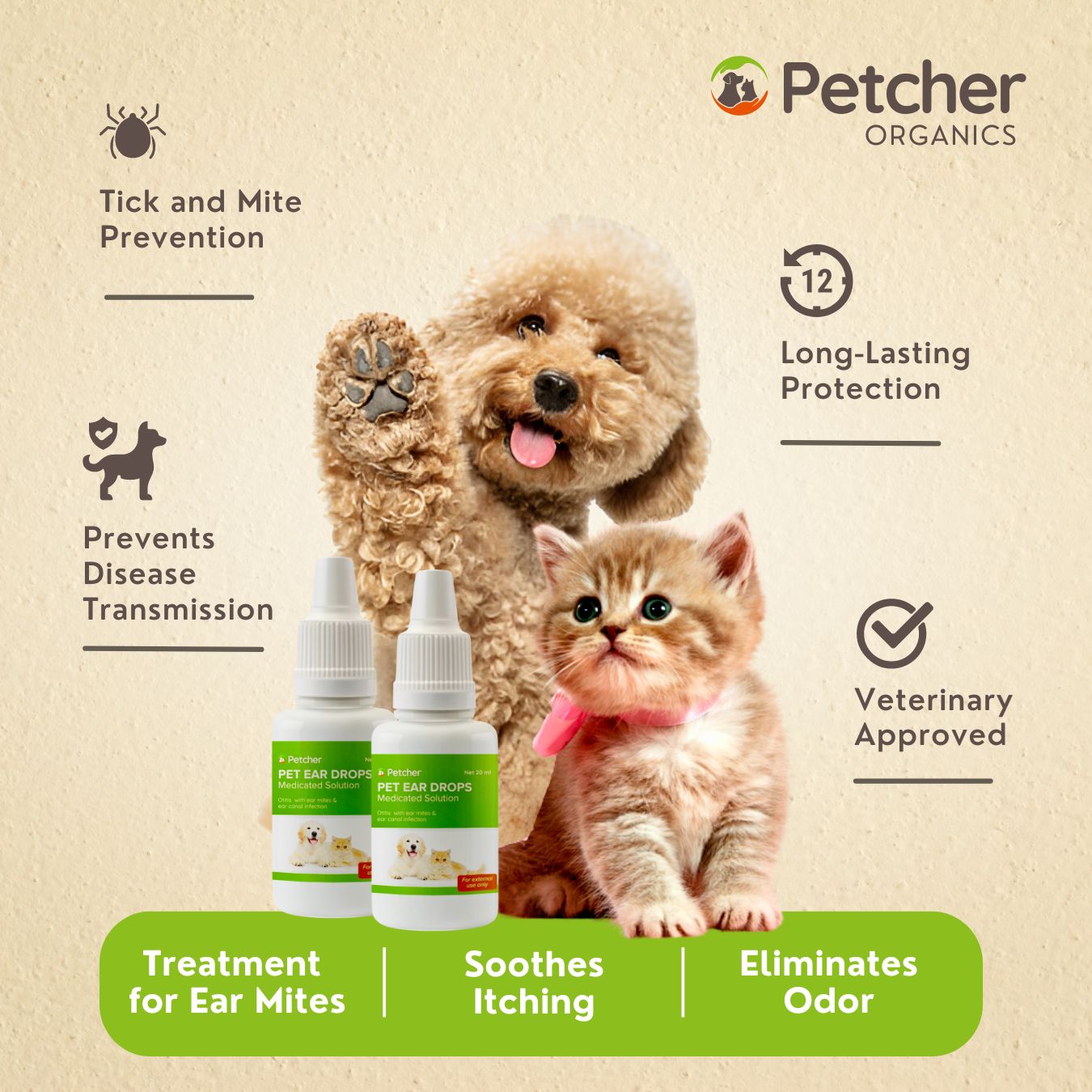 Petcher Organics Pet Ear Drops 20ml Ear Mites Odor Removal and Itching ...