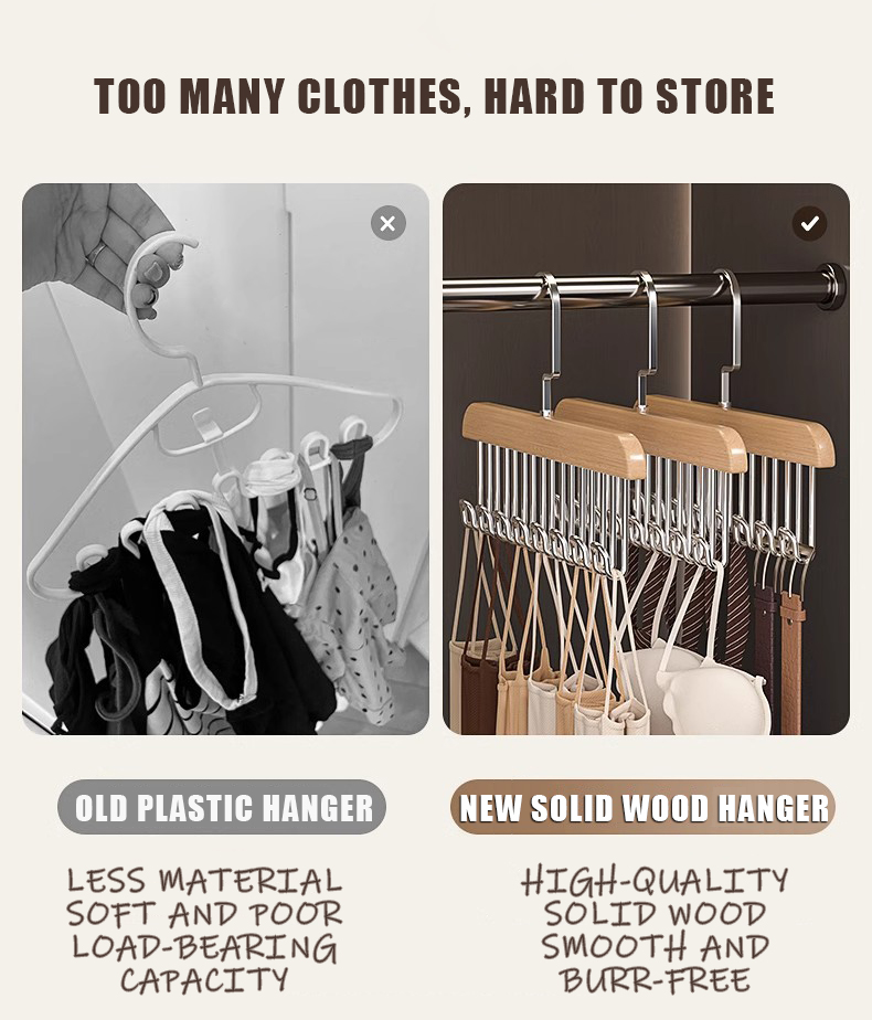 8 Hooks Non-Slip Solid Wood Hanger Space Saving Woman Bra Hanger Man ...