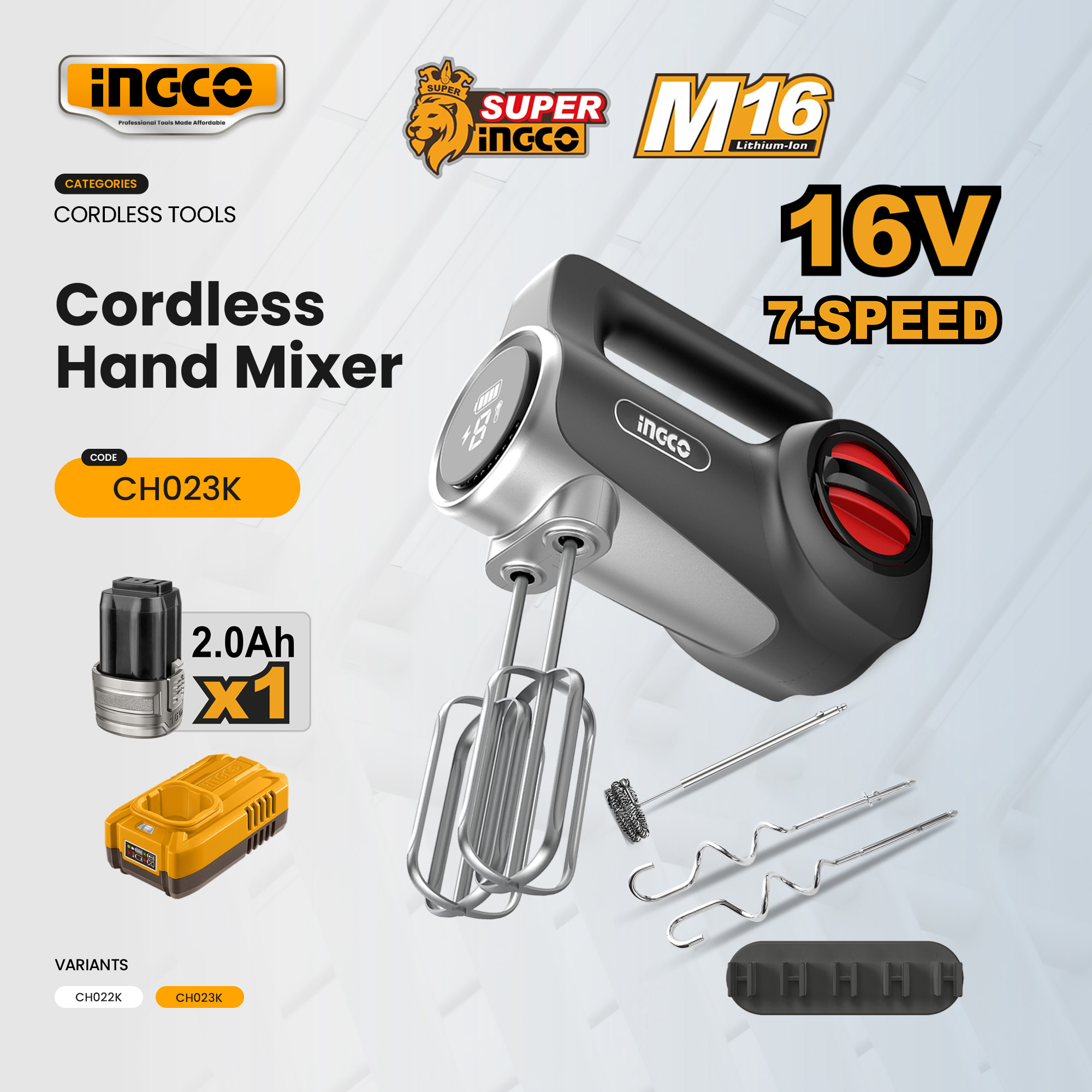 Ingco 16V Cordless Portable Mixer 125W with 7-Speed Control ...