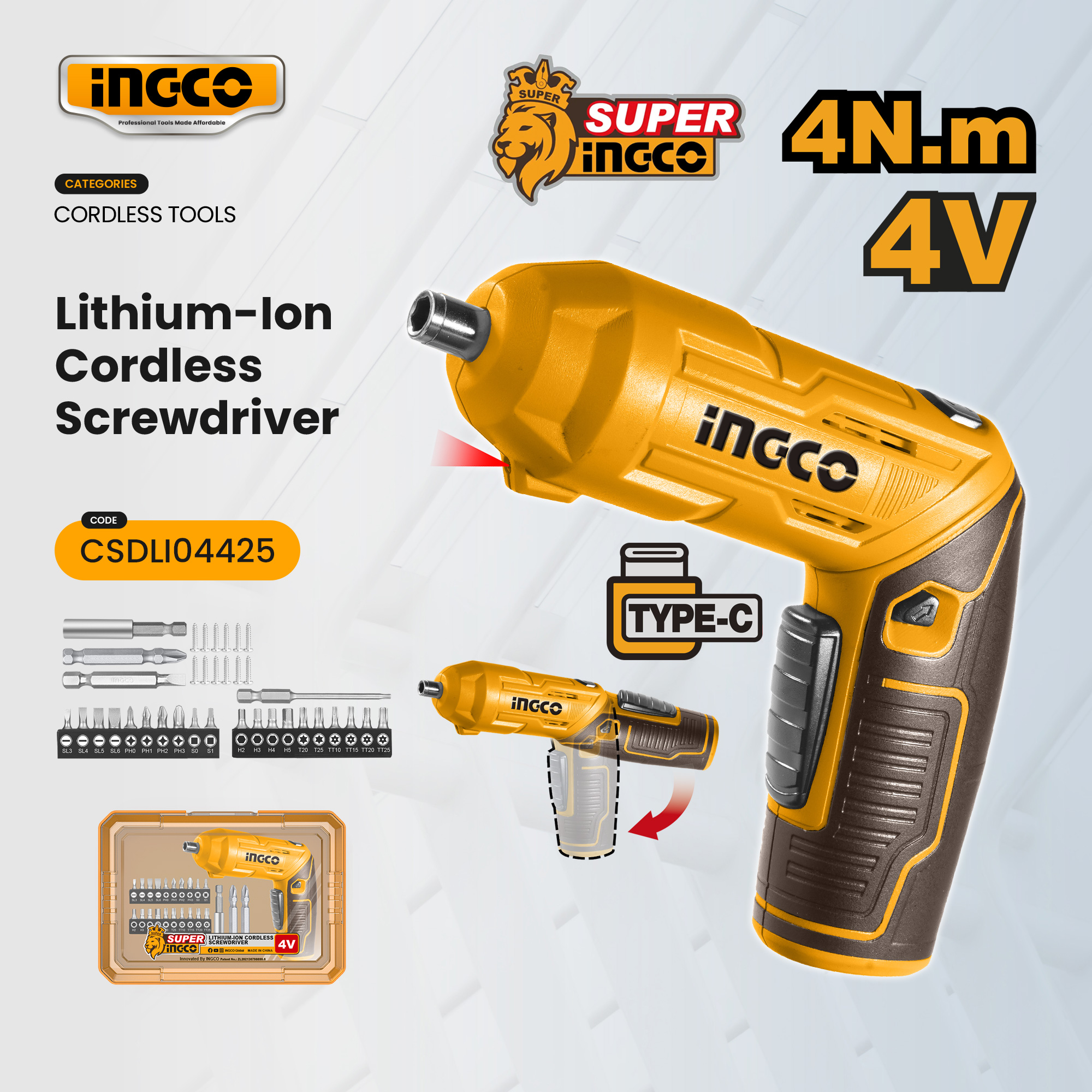 Ingco 4V Cordless Screwdriver Adjustable Handle Charging via USB type-C ...