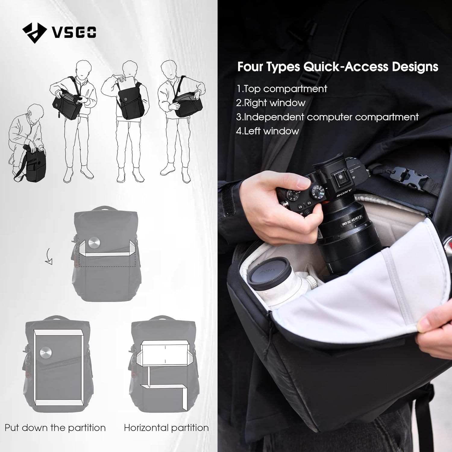VSGO V-BP02 Black Snipe 16L Camera Backpack with FIDLOCK Magnetic Button, 15-inch Laptop ...