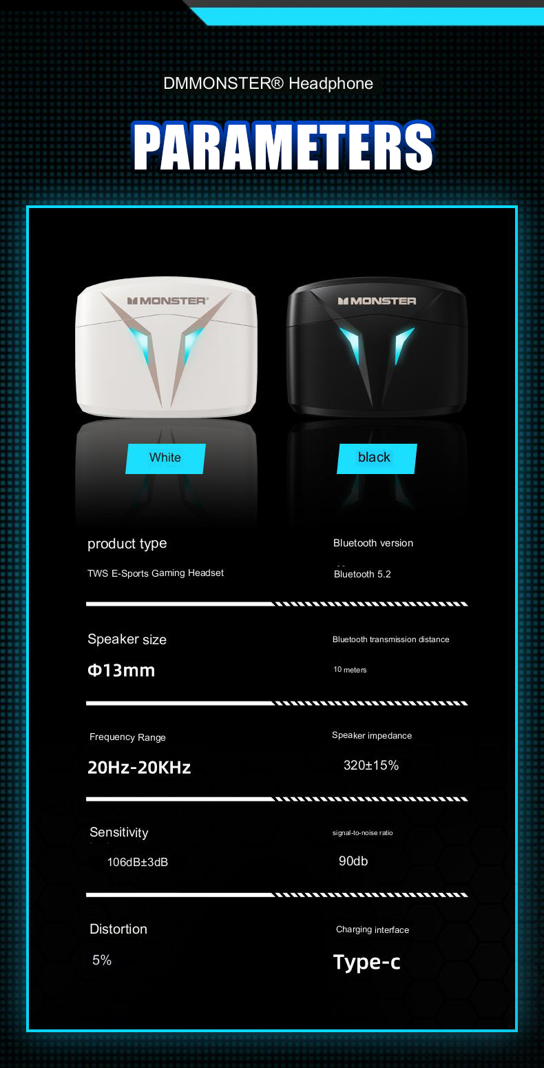 Monster XKT06 TWS Gaming Earbuds 400mAh V5.3 Wireless Bluetooth ...