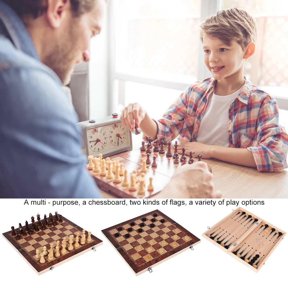 GSE 3-In-1 Wooden Chessboard Folding Board Chess Game International ...