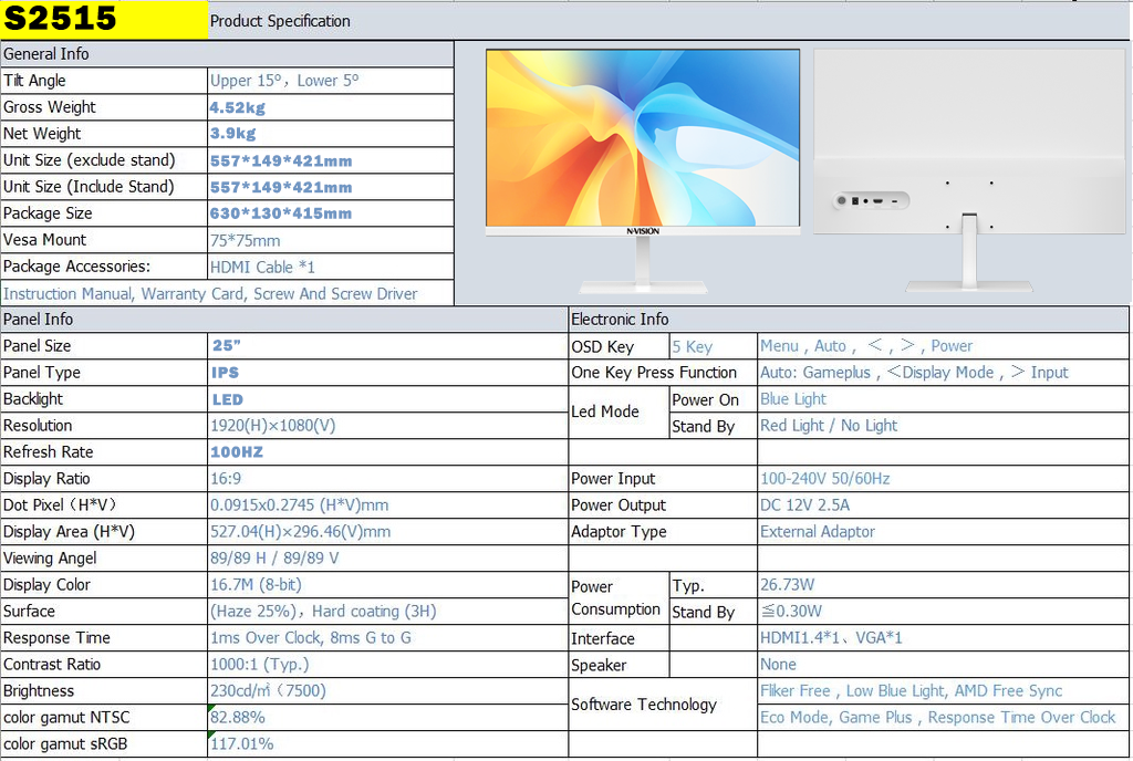 Nvision 25" IPS Monitor 100HZ FHD Build-in Speaker With Type-C 15W Port ...