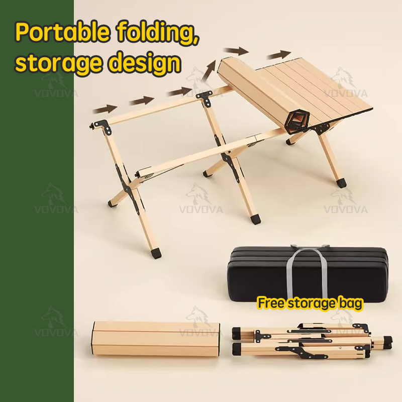 VOVOVA Camping Folding Table Outdoor Natural Wood Egg Roll Table ...