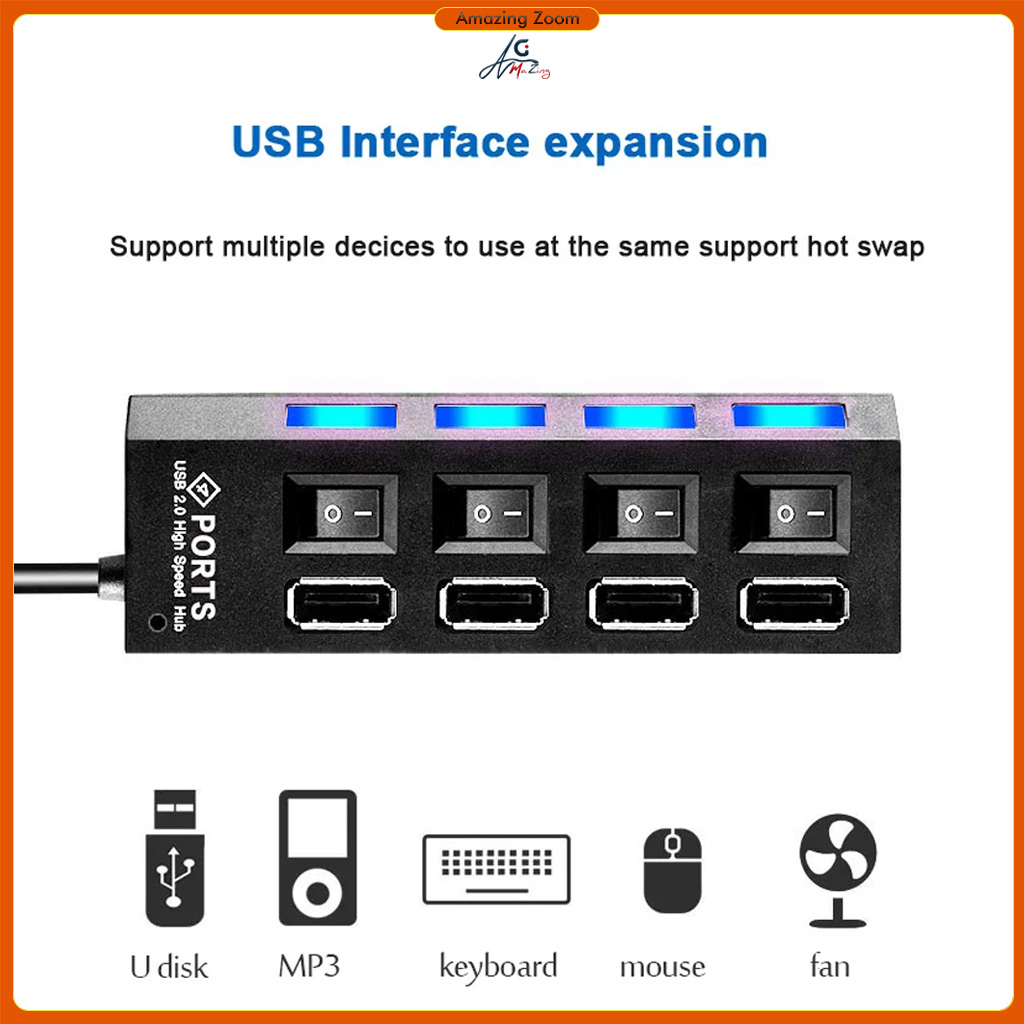 USB HUB 2.0 4/7 Port Multiple Expander USB 2.0 Hub With Switch LED ...